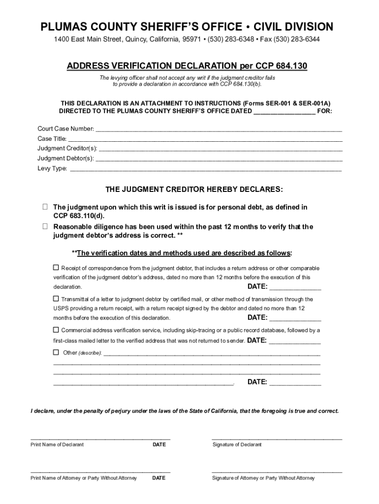 Fillable Online Address Verification Declaration Per Ccp 684.130 Fax Email Print - pdfFiller