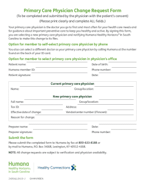 Fillable Online Primary Care Physician Change Request Form Fax Email ...