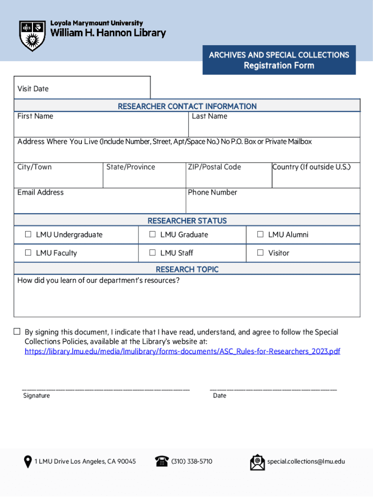 Fillable Online Archives and Special Collections Registration Form Fax ...