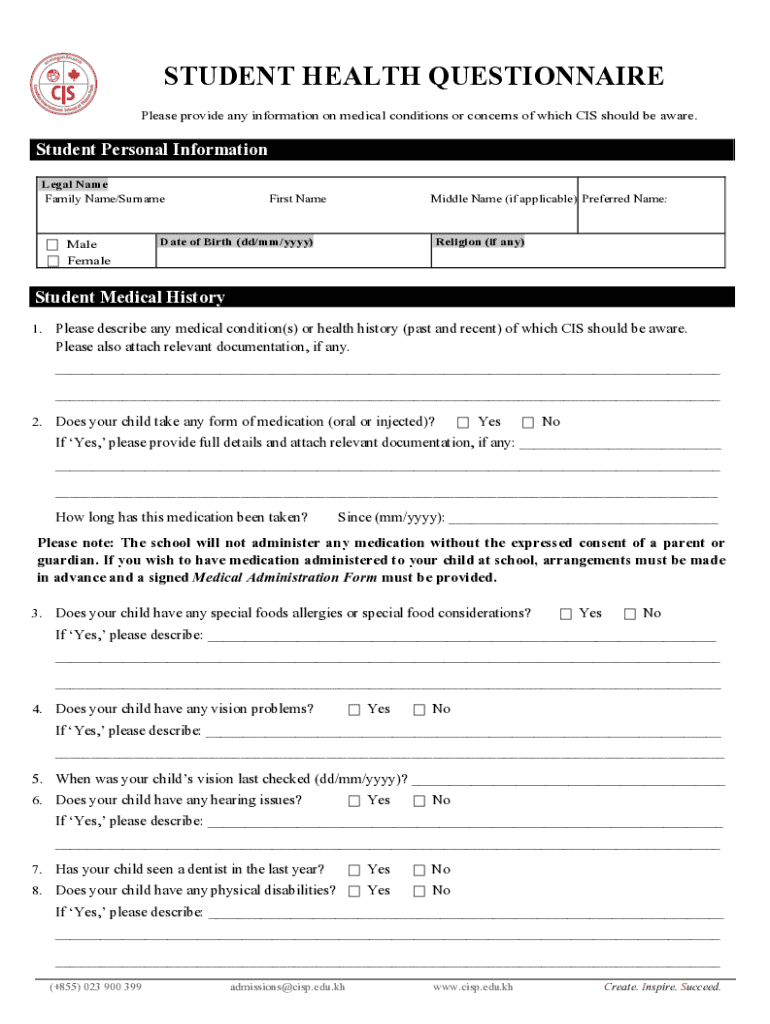 Fillable Online Student Health Questionnaire Fax Email Print - pdfFiller