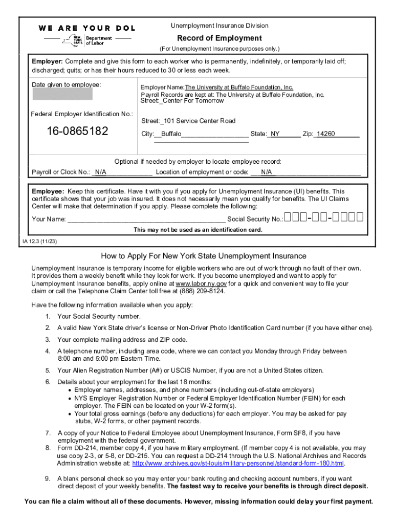 Fillable Online Record of Employment for Unemployment Insurance Fax ...