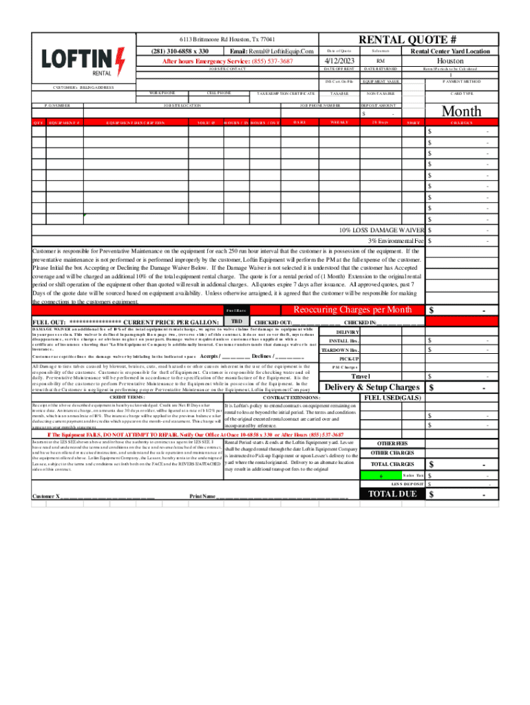 Fillable Online Rental Quote Document Fax Email Print - pdfFiller
