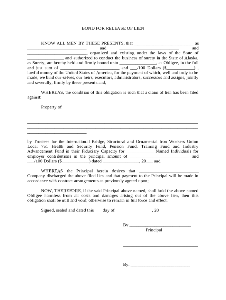 Bond for Release of Lien Doc Template | pdfFiller