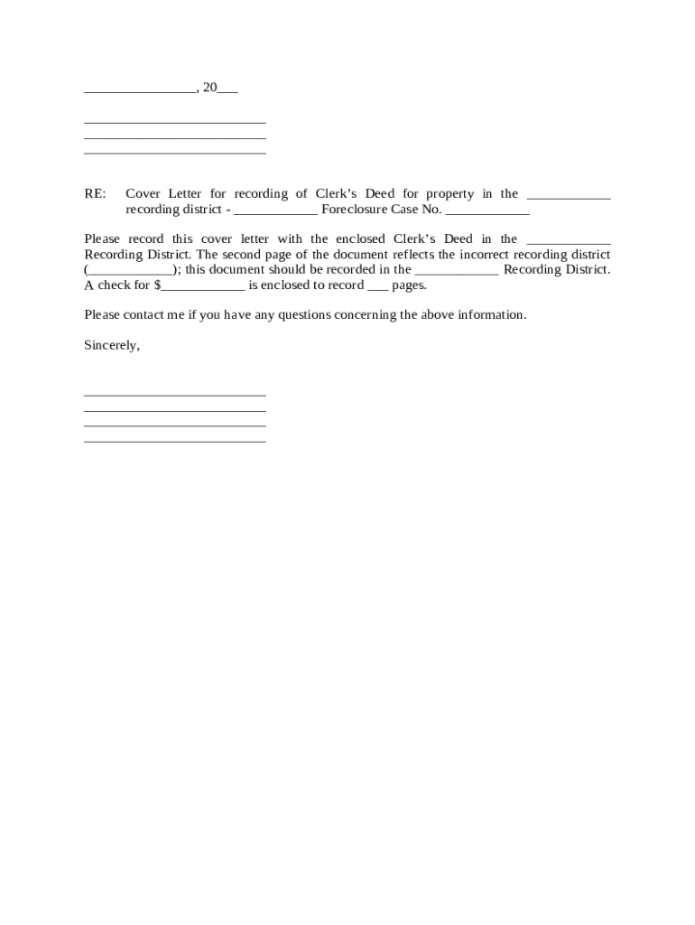 Clerk's Deed with Cover Letter Doc Template | pdfFiller