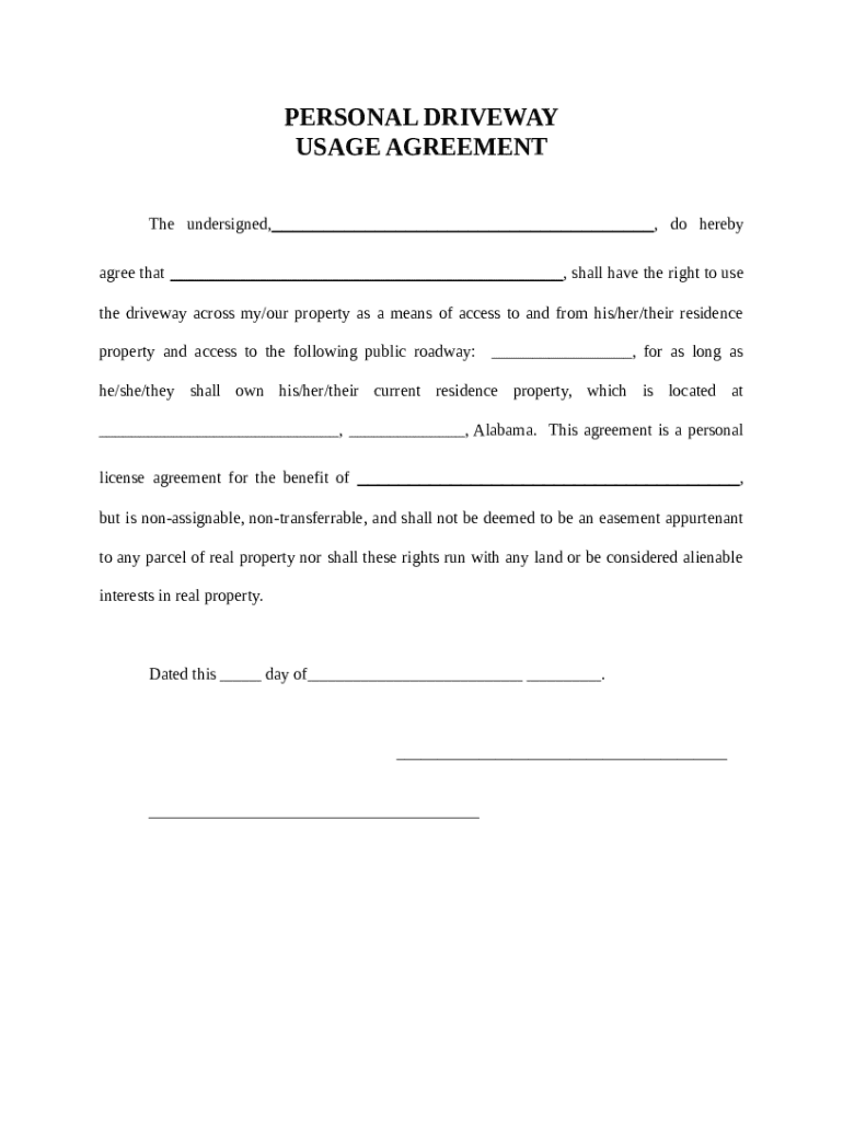 Personal Driveway Usage Agreement Doc Template | pdfFiller