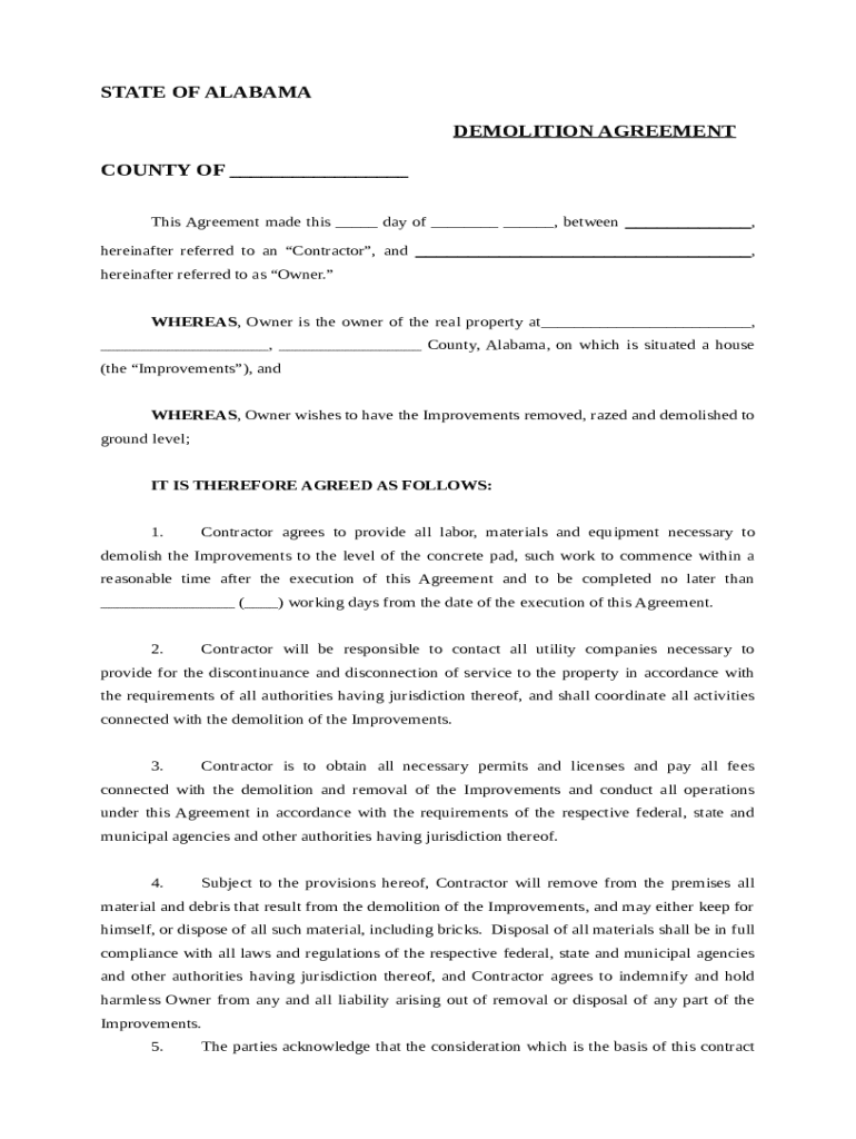 Demolition Agreement Doc Template | pdfFiller