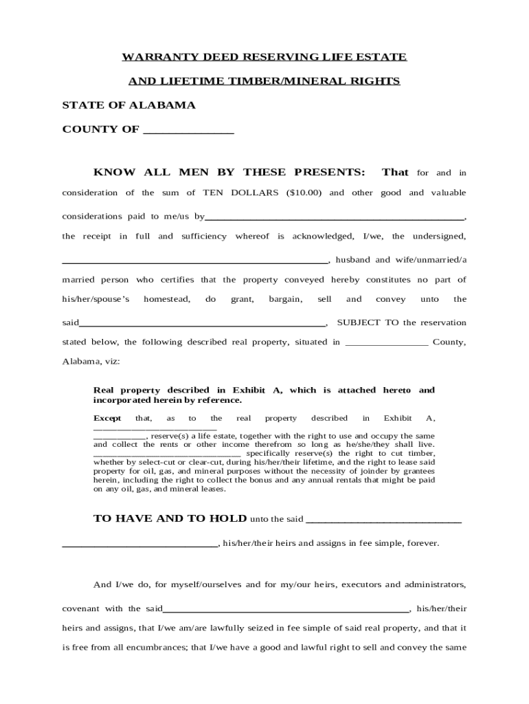 Deed Reserving Life Estate and Lifetime Timber and Mineral Rights ...