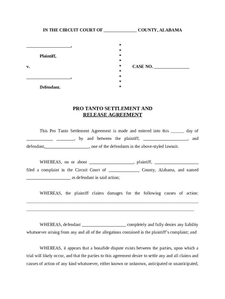 Pro Tanto Settlement and Release Agreement Doc Template | pdfFiller