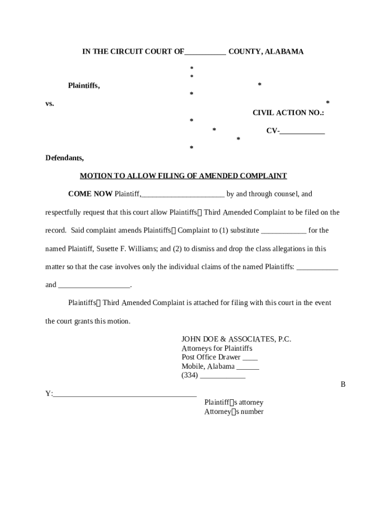 MOTION TO ALLOW FILING OF AMENDED COMPLAINT Doc Template | pdfFiller