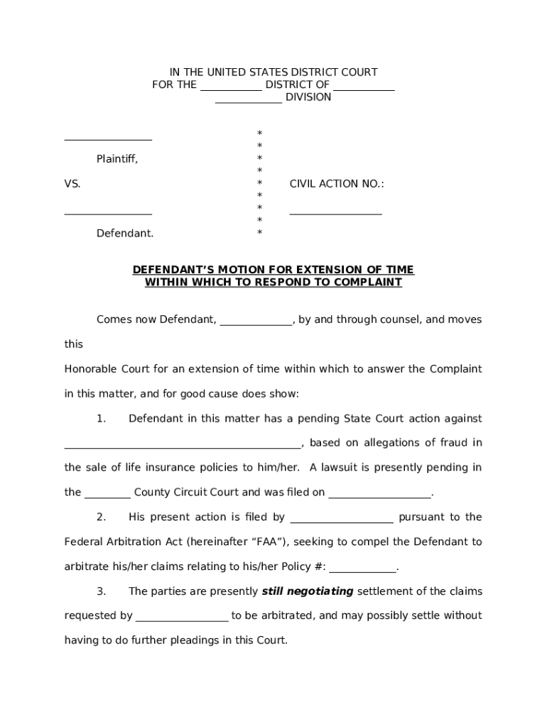 Motion for Extension of Time Doc Template | pdfFiller