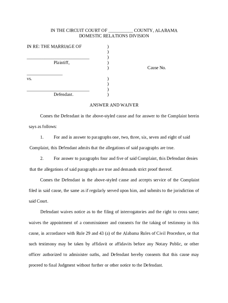 Answer and Waiver - Consent to Judgment Doc Template | pdfFiller