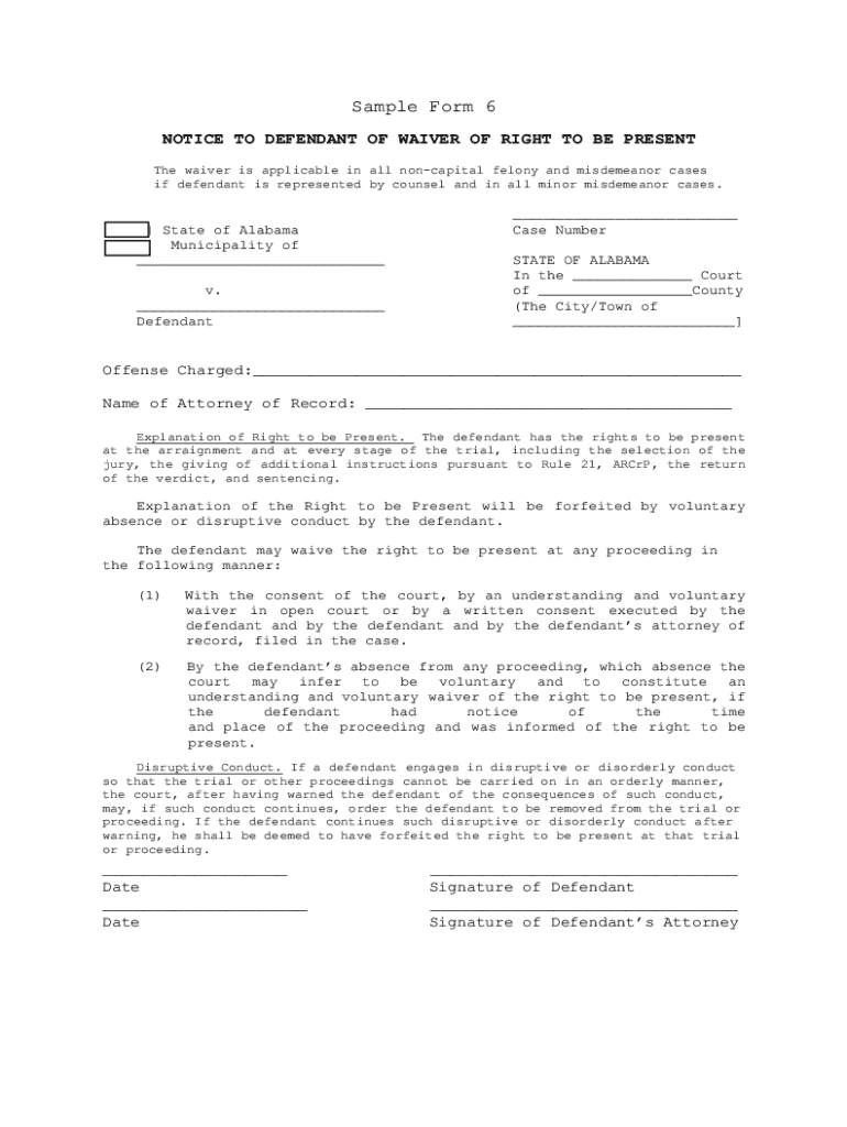 Fillable Online Notice to Defendant of Waiver of Right to Be Present ...