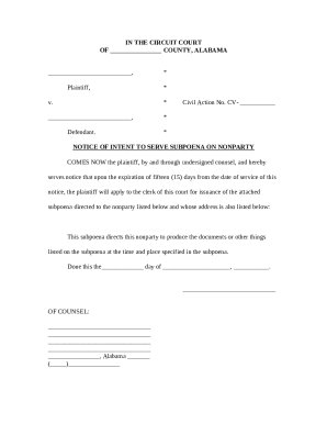 NOTICE OF INTENT TO SERVE SUBPOENA ON NONPARTY Doc Template | pdfFiller