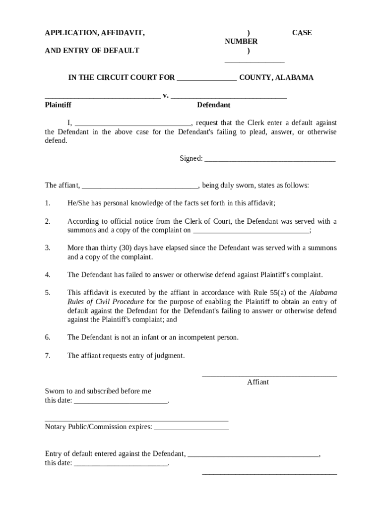 Application, Affidavit, and Entry of Default Doc Template | pdfFiller