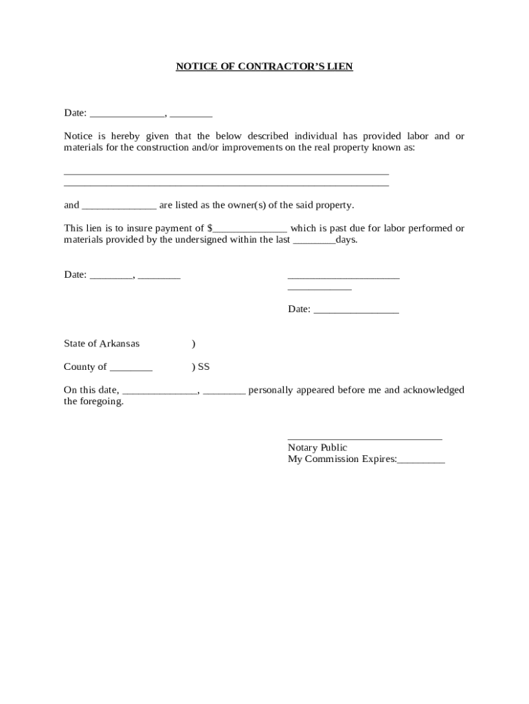 Notice of Contractor's Lien Doc Template | pdfFiller