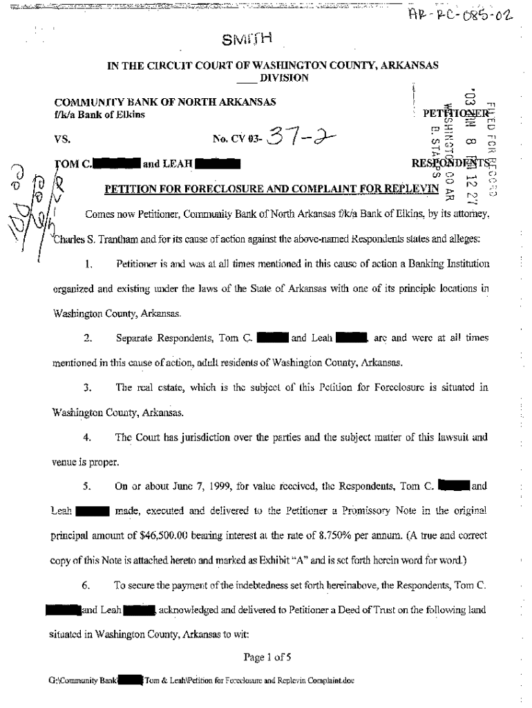 Fillable Online A02 Petition for Foreclosure and Complaint for Replevin ...
