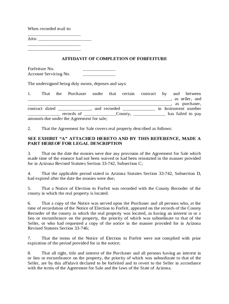 Affidavit of Completion of Forfeiture Doc Template | pdfFiller