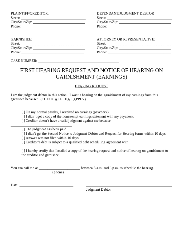 First Hearing Request and Notice of Hearing on Garnishment (Earnings ...