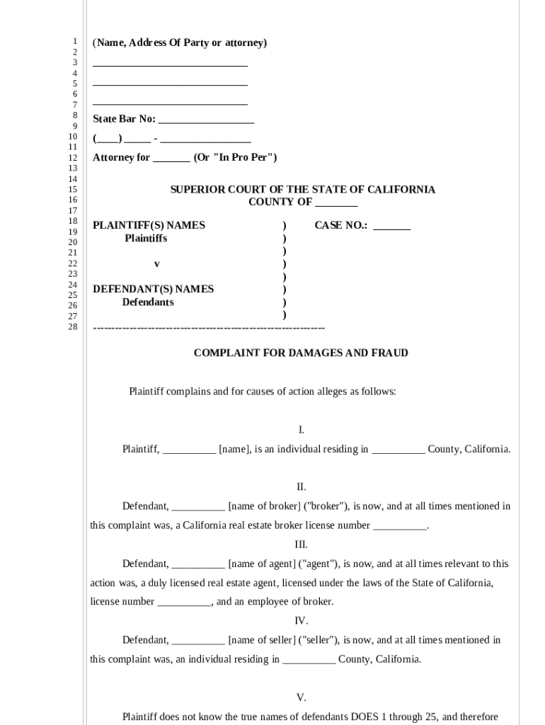 Complaint for Damages and Fraud for Failure to Disclose Property Condition against Agent, Seller ...