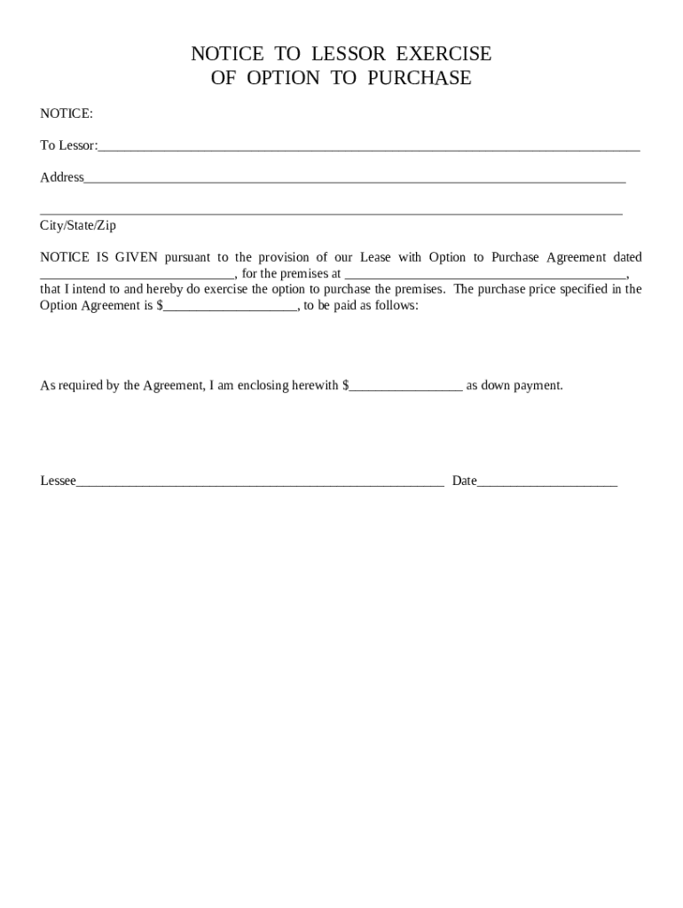 Notice to Lessor Exercise of Option to Purchase Doc Template | pdfFiller