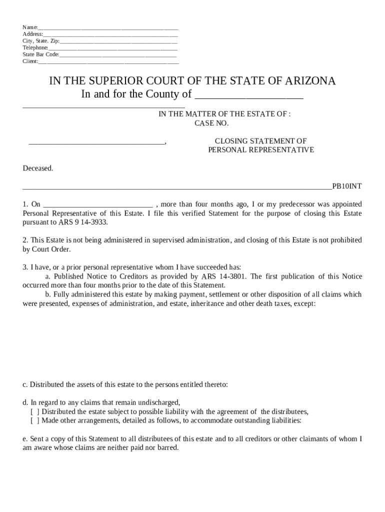 Arizona Estate Closing Statement - Blank Fillable Template | Fill Out ...