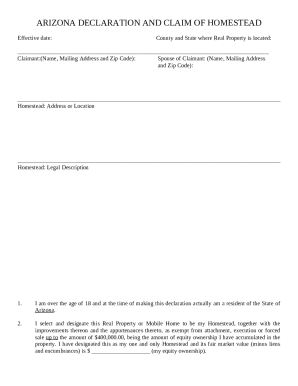 Arizona Declaration and Claim of Homestead Doc Template | pdfFiller