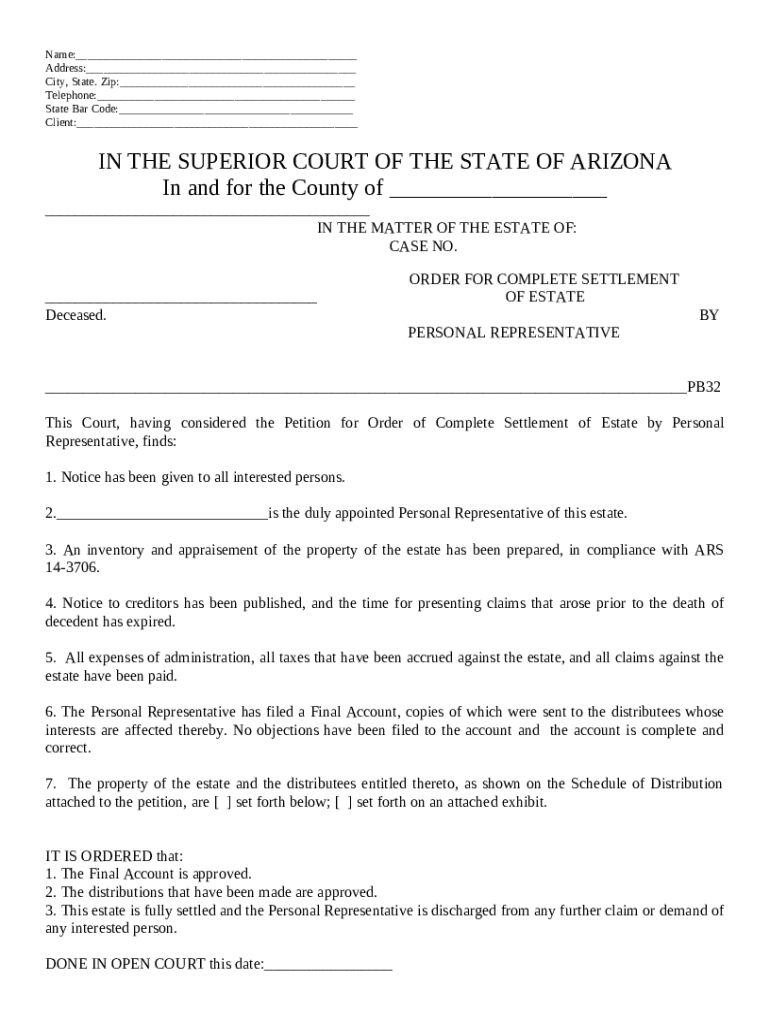 ORDER FOR COMPLETE SETTLEMENT Doc Template | pdfFiller