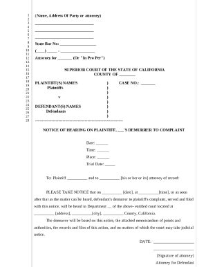 NOTICE OF HEARING ON PLAINTIFF, 'S DEMURRER TO COMPLAINT Doc Template ...