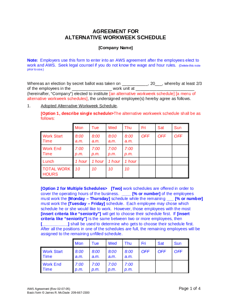 Agreement for Alternative Workweek Schedule Doc Template | pdfFiller