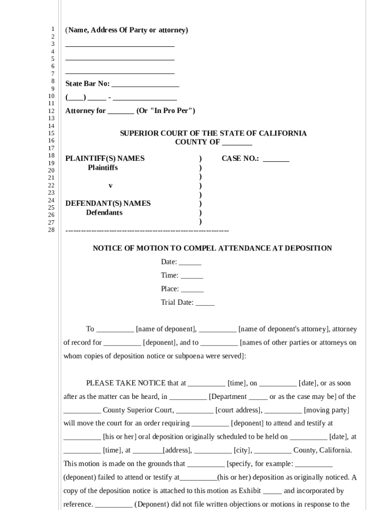 NOTICE OF MOTION TO COMPEL ATTENDANCE AT DEPOSITION Doc Template | pdfFiller