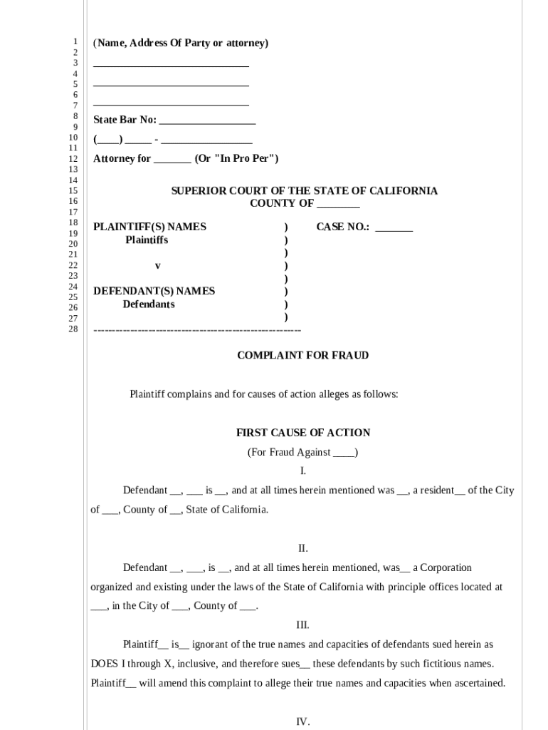 COMPLAINT FOR FRAUD Doc Template | pdfFiller