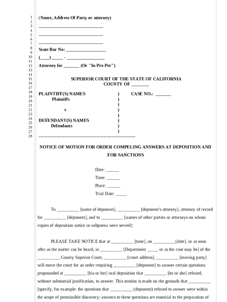 NOTICE OF MOTION FOR ORDER COMPELING ANSWERS AT DEPOSITION AND FOR ...