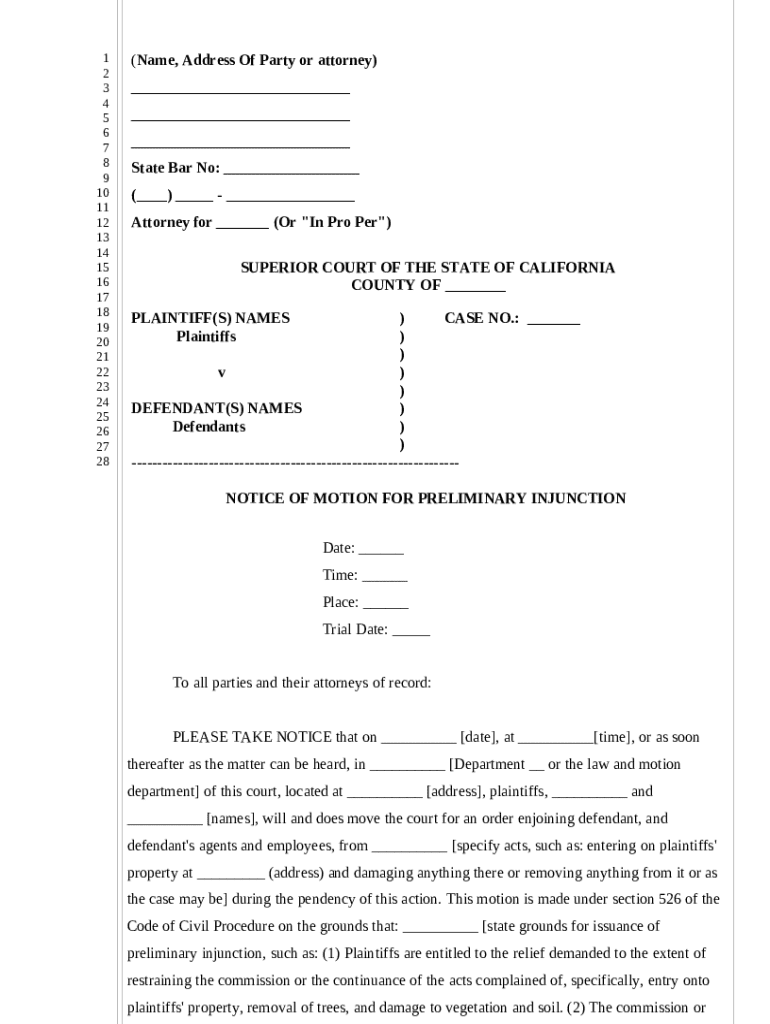 NOTICE OF MOTION FOR PRELIMINARY INJUNCTION Doc Template | pdfFiller