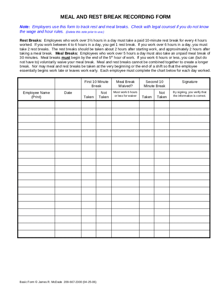 Meal and Rest Break Recording Doc Template | pdfFiller