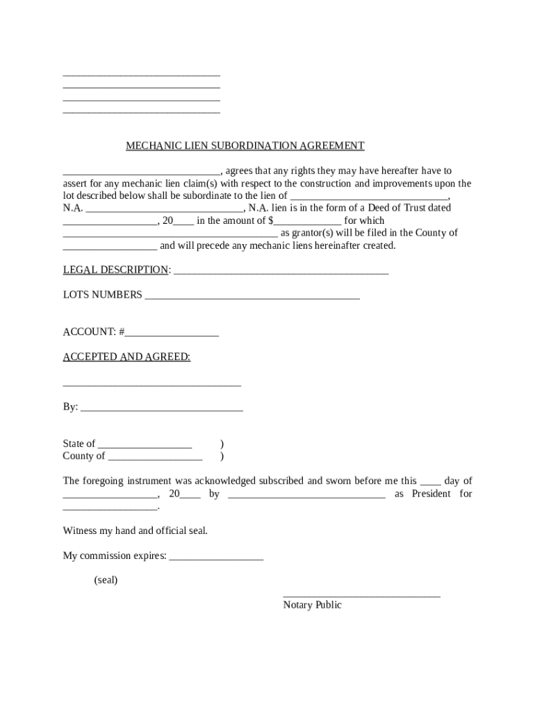 Mechanic Lien Subordination Agreement Doc Template | pdfFiller