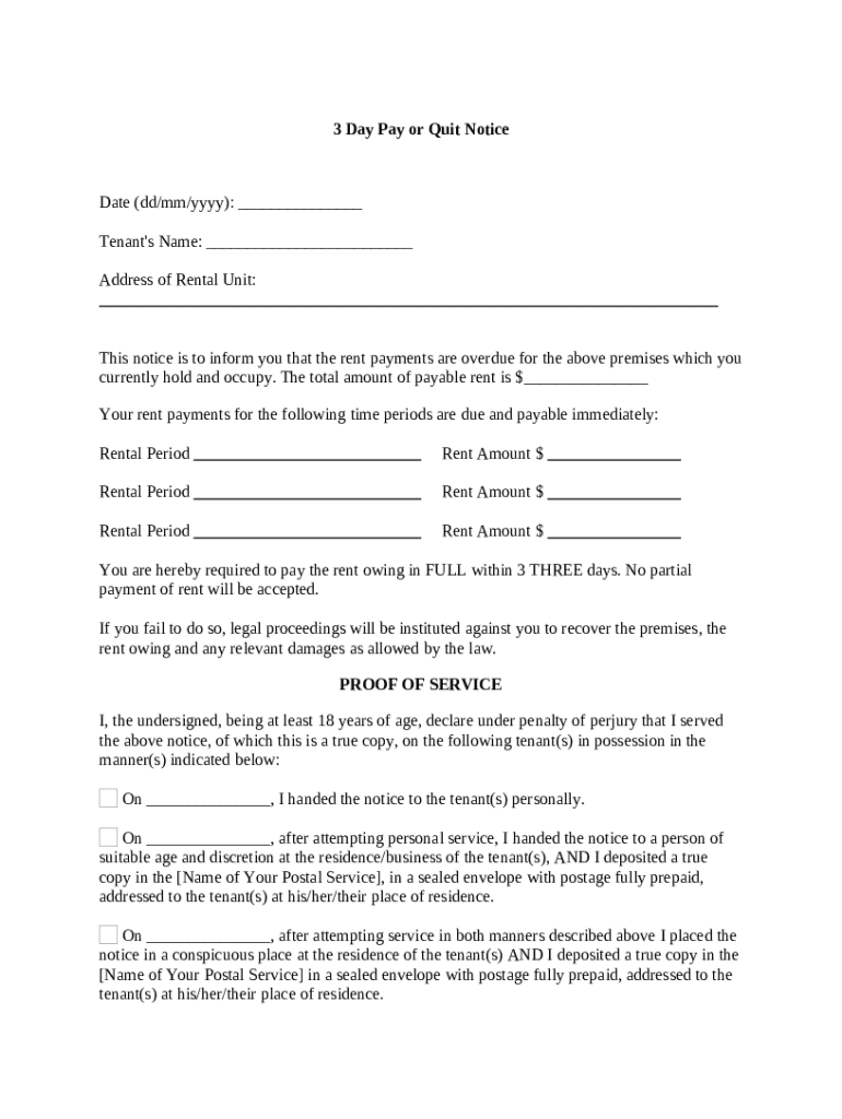 3 Day Pay or Quit Notice Doc Template | pdfFiller