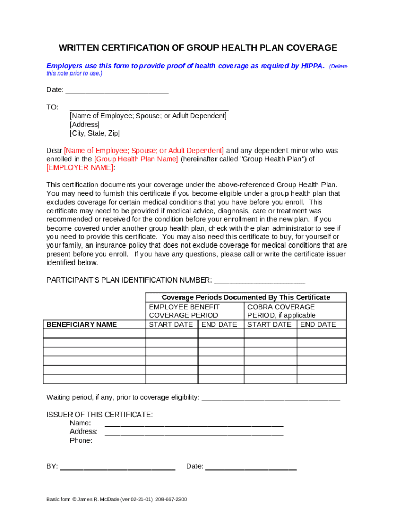 WRITTEN CERTIFICATION OF GROUP HEALTH PLAN COVERAGE Doc Template ...