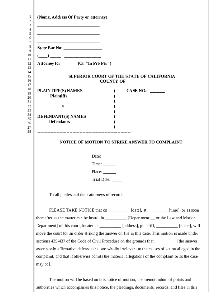 NOTICE OF MOTION TO STRIKE ANSWER TO COMPLAINT Doc Template | pdfFiller