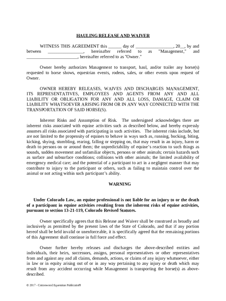 Hauling Release and Waiver Doc Template | pdfFiller