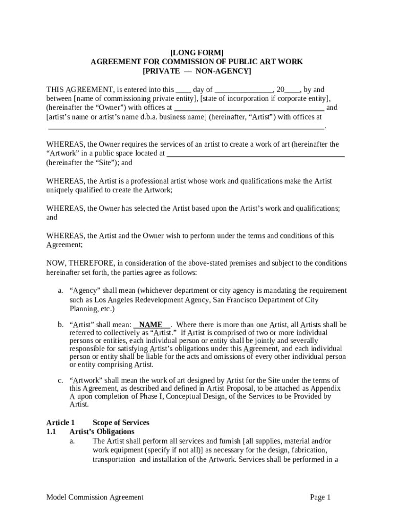 Agreement for Commission of Public Art Work Between Artist and Private Entity or Non-Agency Doc ...
