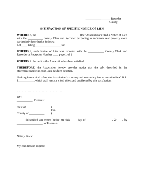 SATISFACTION OF SPECIFIC NOTICE OF LIEN Doc Template | pdfFiller