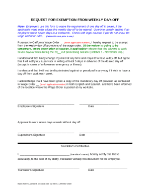 Request for Exemption From Weekly Day-off Doc Template | pdfFiller