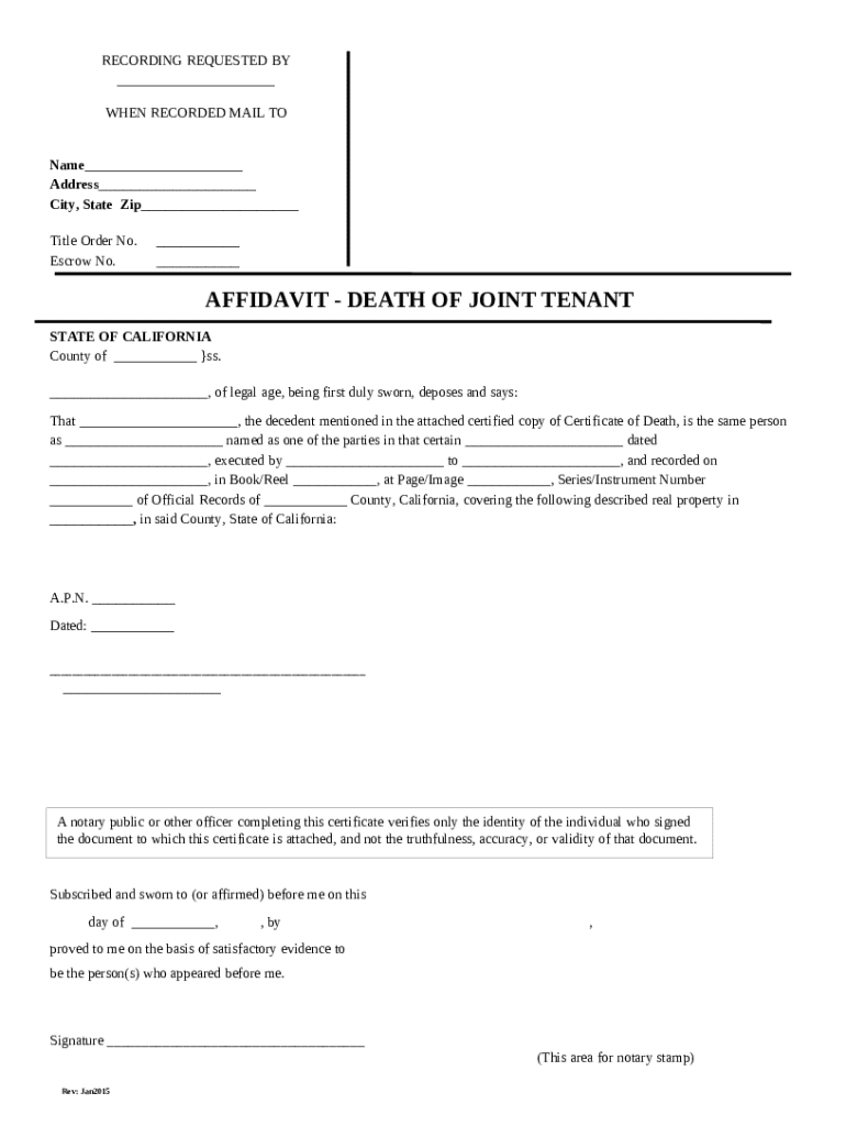 Affidavit- Death of Joint Tenant Doc Template | pdfFiller