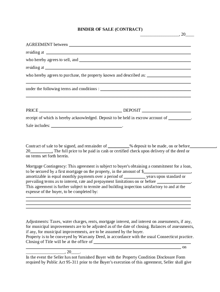 Binder of Sale (contract) Doc Template | pdfFiller