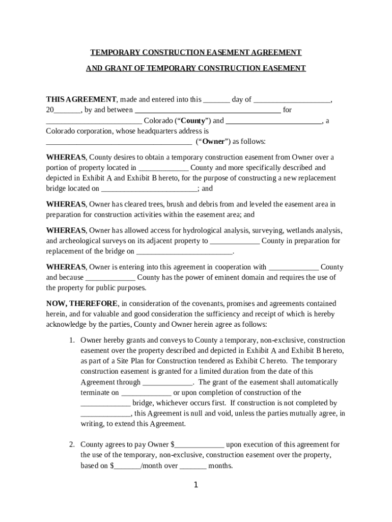 Temporary Construction Easement Agreement Doc Template | pdfFiller