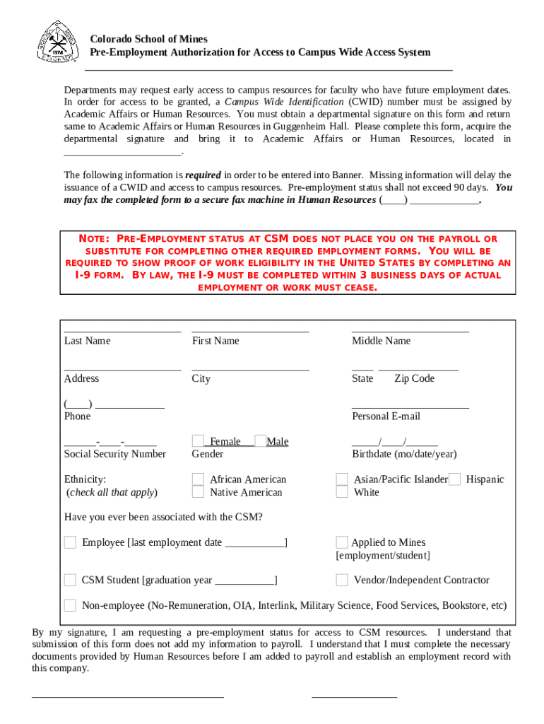 Pre-employment Authorization for Access to Campus Wide Access System ...