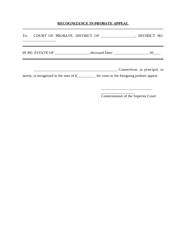 Recognizance in Probate Appeal Doc Template | pdfFiller