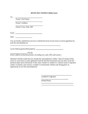 Seven Day Notice (with Cure) Doc Template | pdfFiller