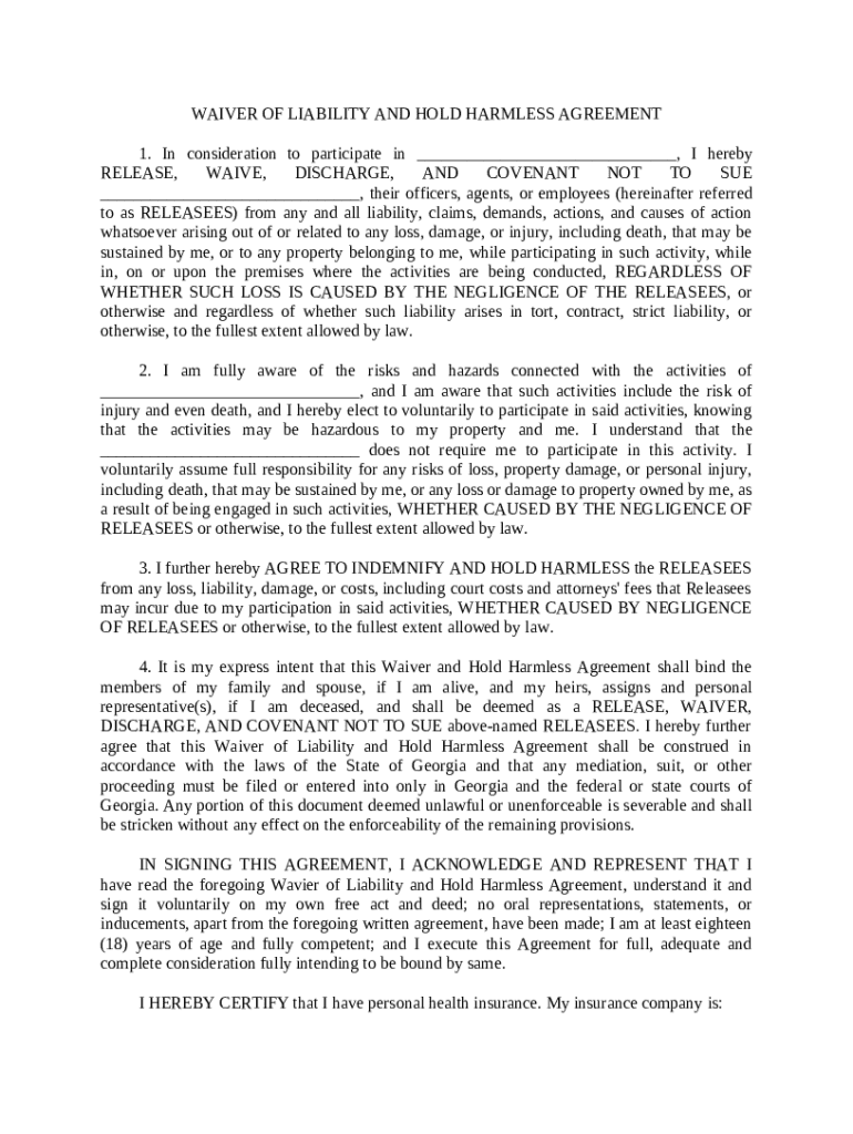 Waiver of Liability and Hold Harmless Agreement Doc Template | pdfFiller