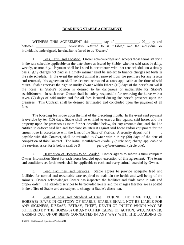 Boarding Stable Agreement - Blank Fillable Template | Fill Out, Print ...